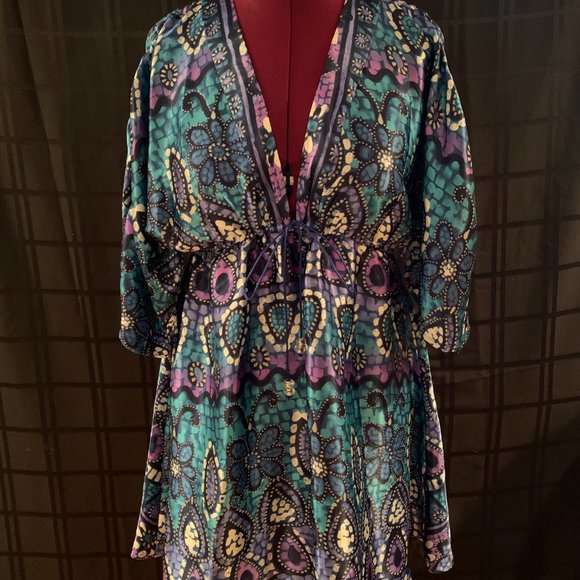 Swim | Blue Purple Aqua White Silky Print Swimsuit Coverup | Poshmark